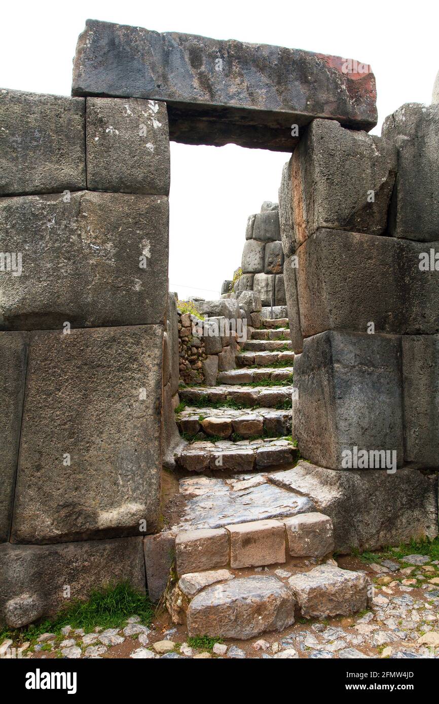 Stone door. View of Sacsayhuaman, Inca ruins in Cusco or Cuzco town ...