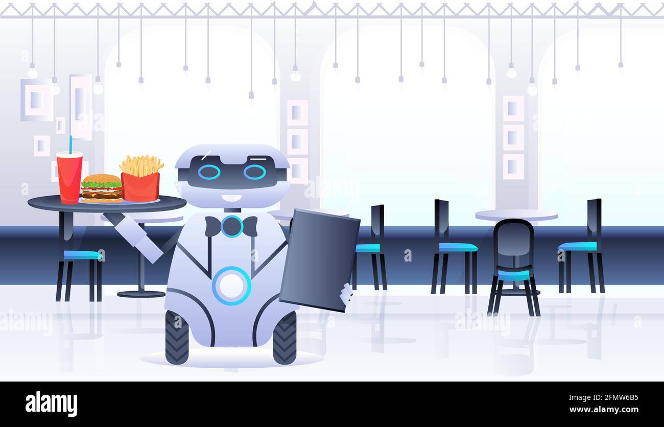 humanoid robot waiter carries tray with food and drinks in restaurant ...