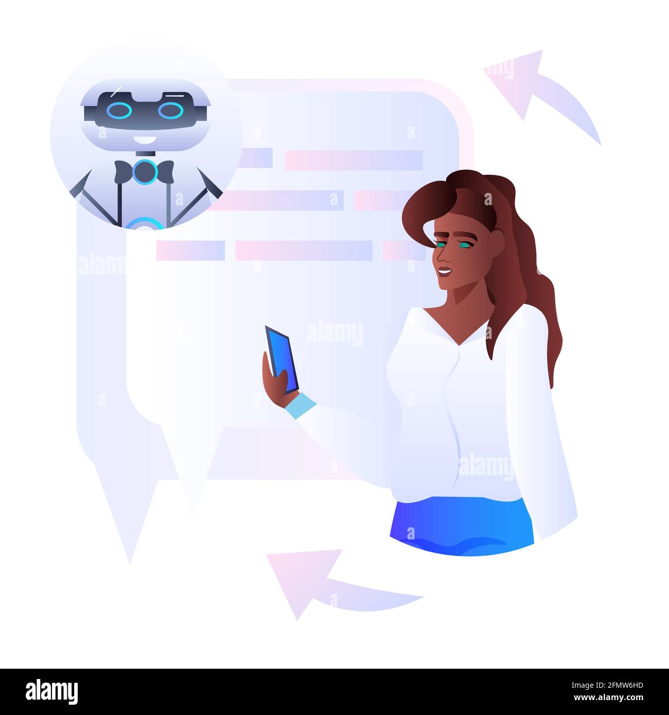 african american woman discussing with robot chatbot assistant in ...