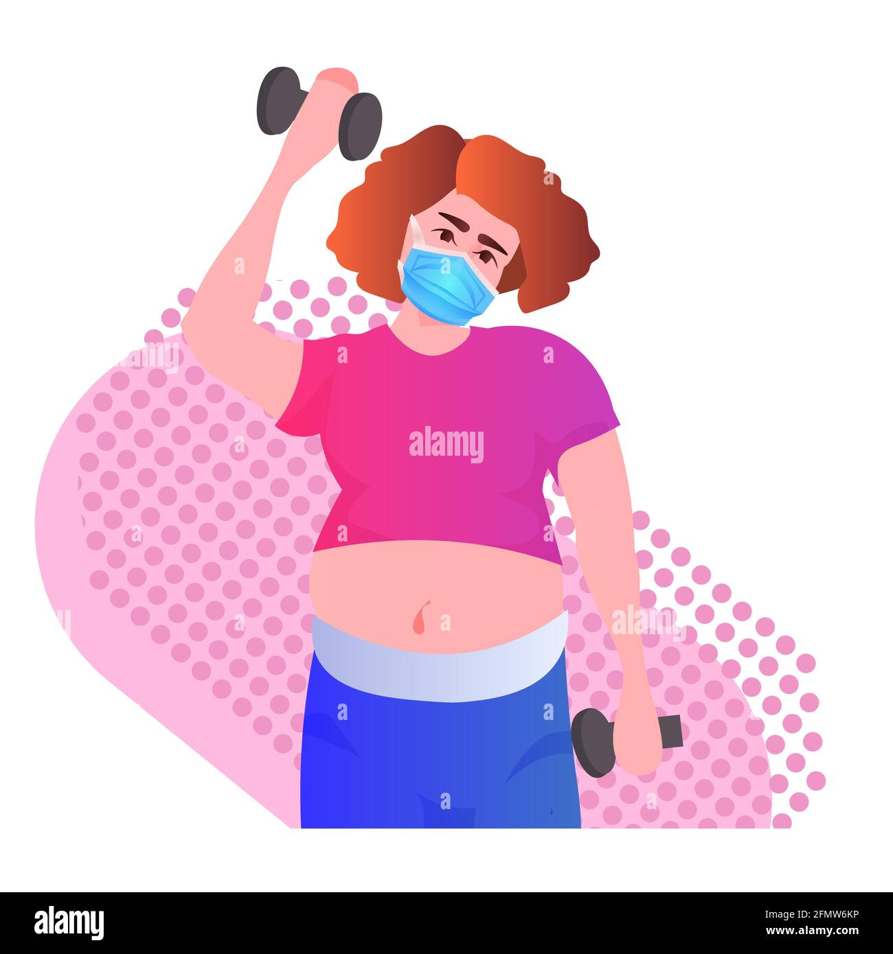 fat obese woman in mask doing exercises with dumbbells overweight girl ...