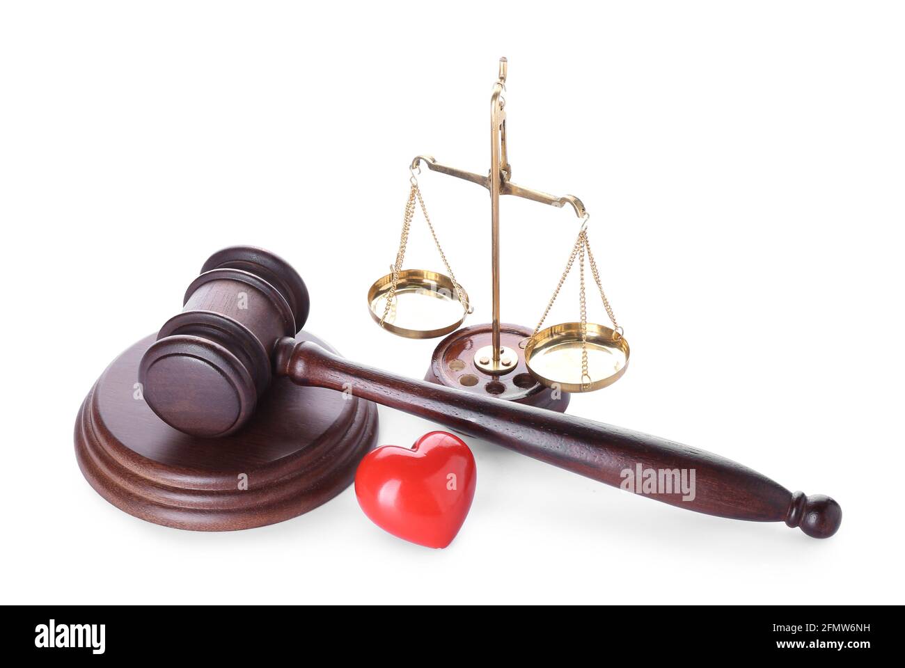 Judge's gavel with justice scales and heart on white background Stock ...