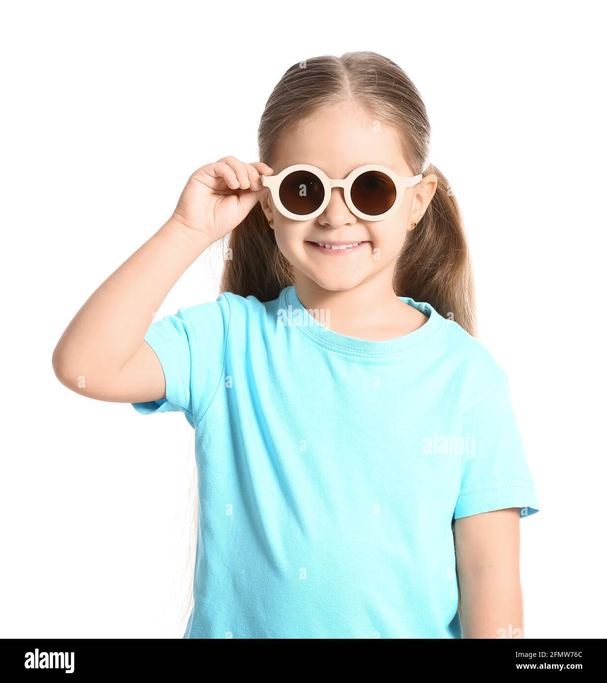Cute little girl wearing stylish sunglasses on white background Stock ...