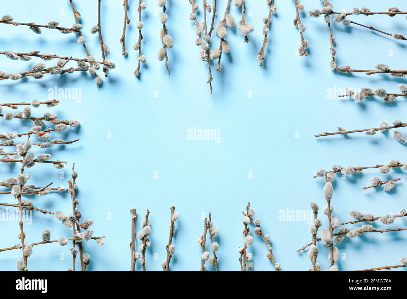 Frame made of willow branches on color background Stock Photo - Alamy