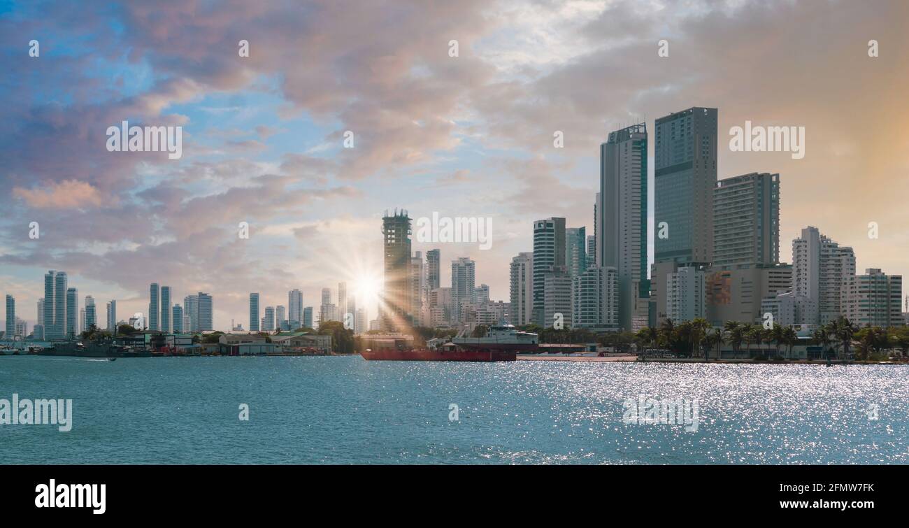 Colombia, scenic Cartagena bay (Bocagrande) and city skyline at sunset ...