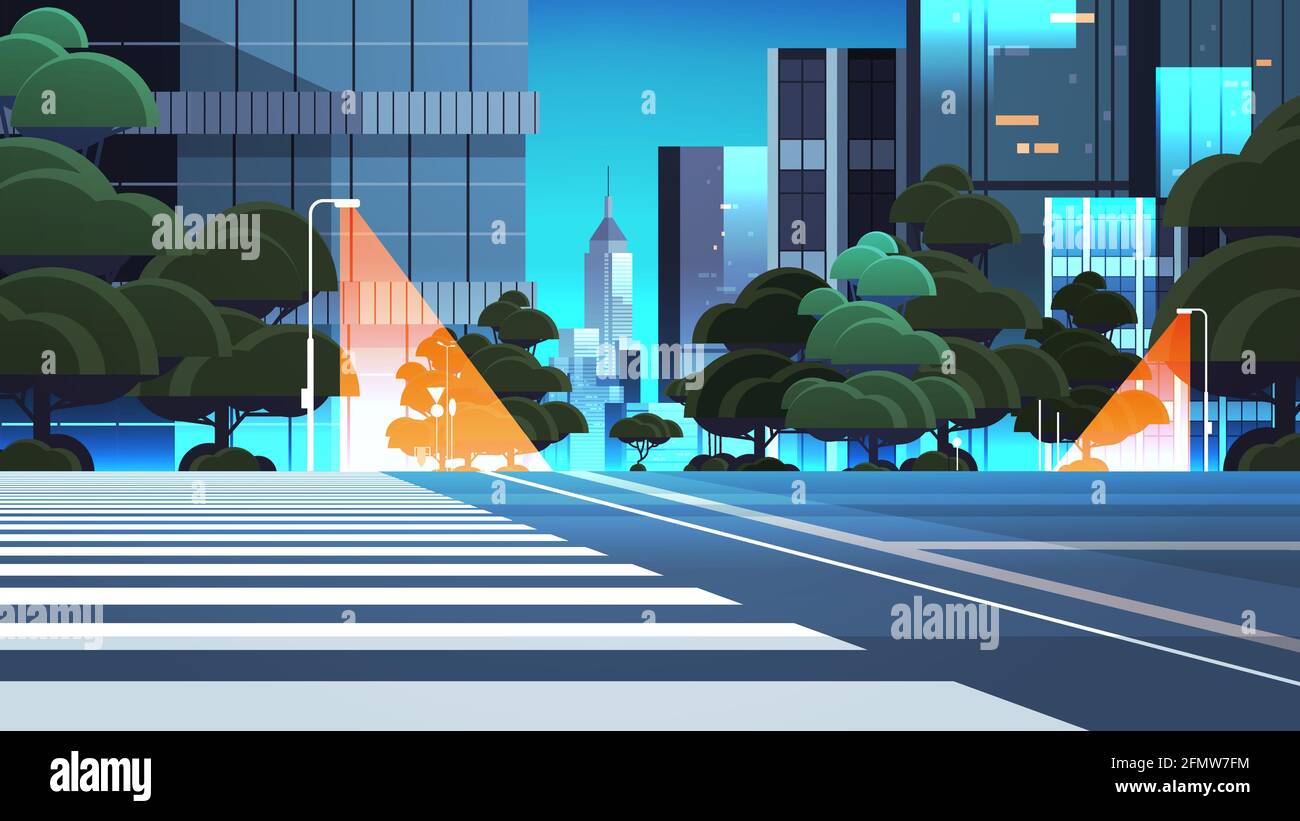 empty night street road with crosswalk city buildings skyline modern ...