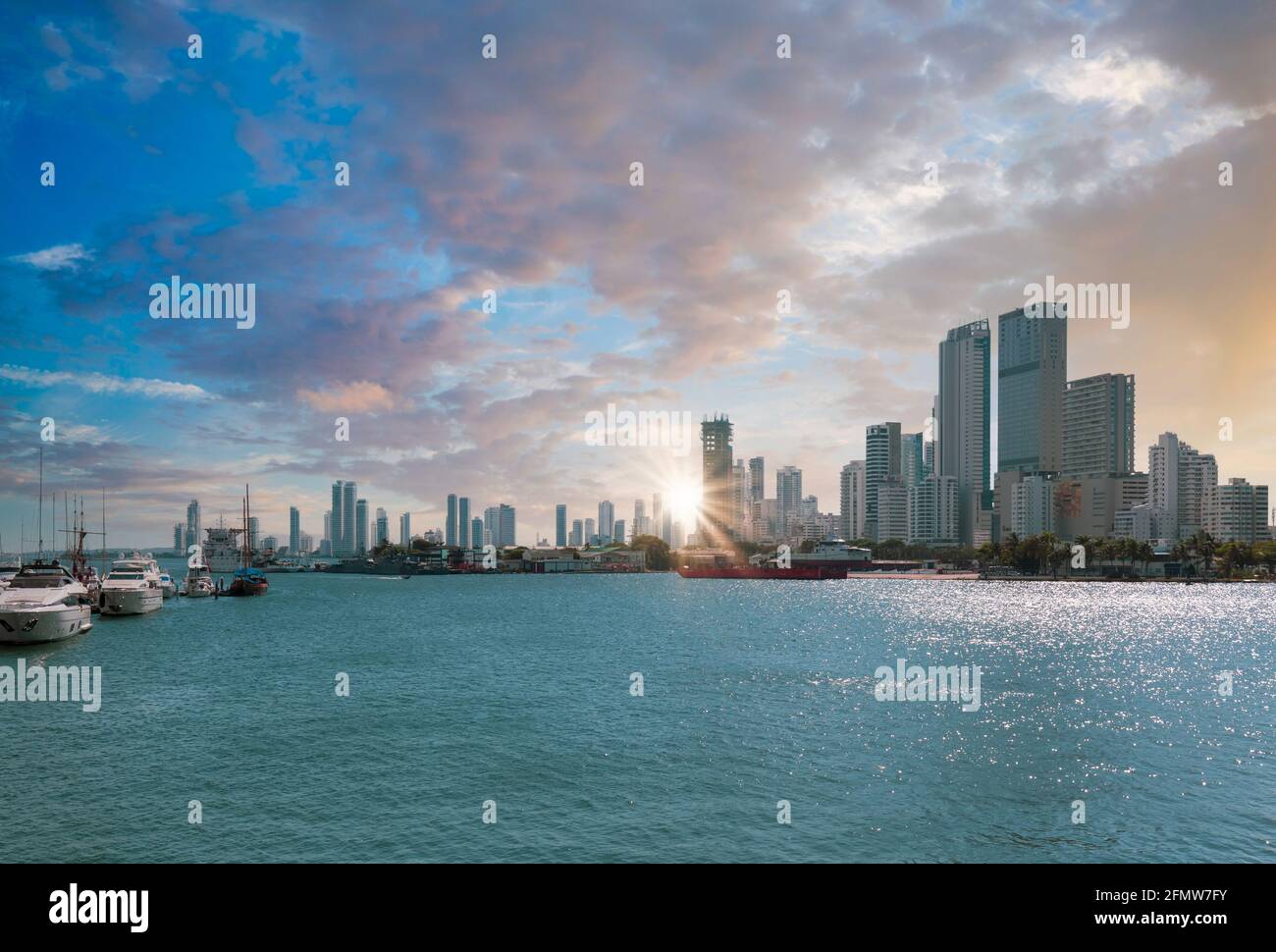 Colombia, scenic Cartagena bay (Bocagrande) and city skyline at sunset ...