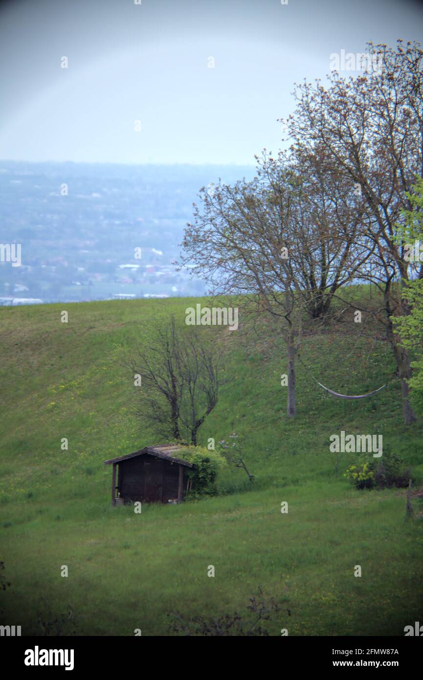 Wooden shack on a hill seen from the distance Stock Photo - Alamy