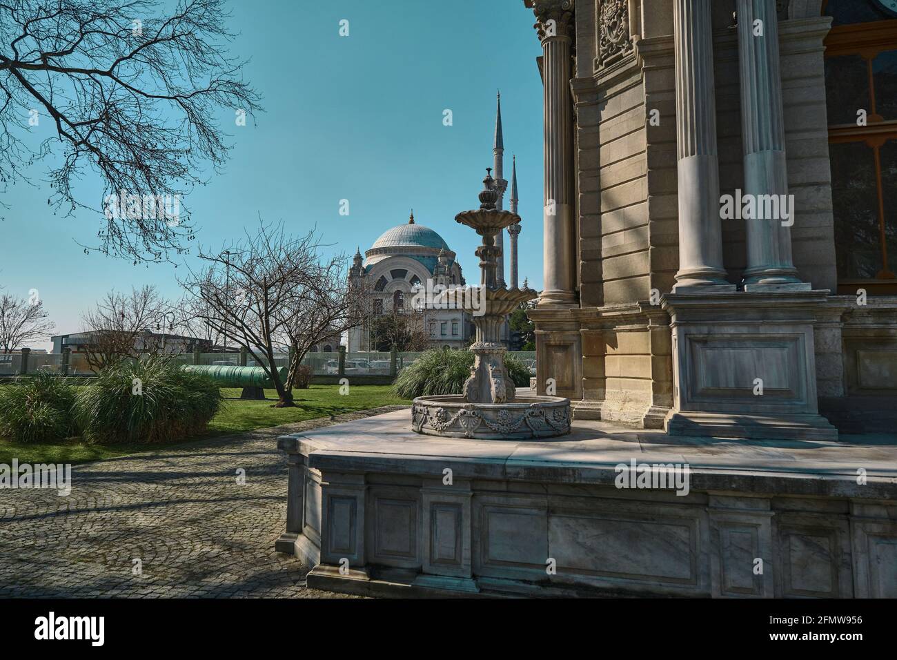 Dolmabahce mosque from dolmabahce palace and clock tower. Baroque and ...