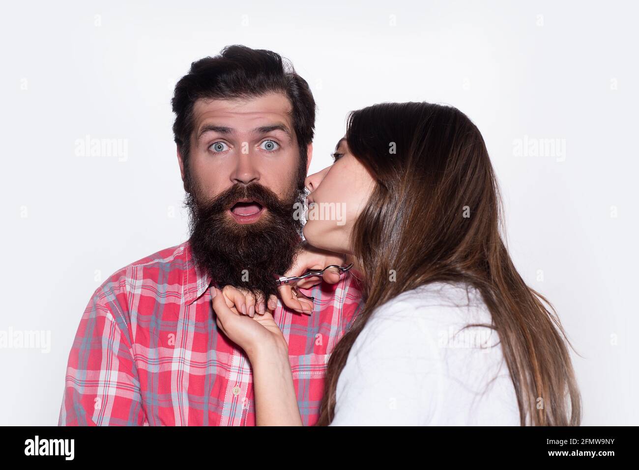 Funny couple shaving. Barbershop beard care. Bearded man getting ...