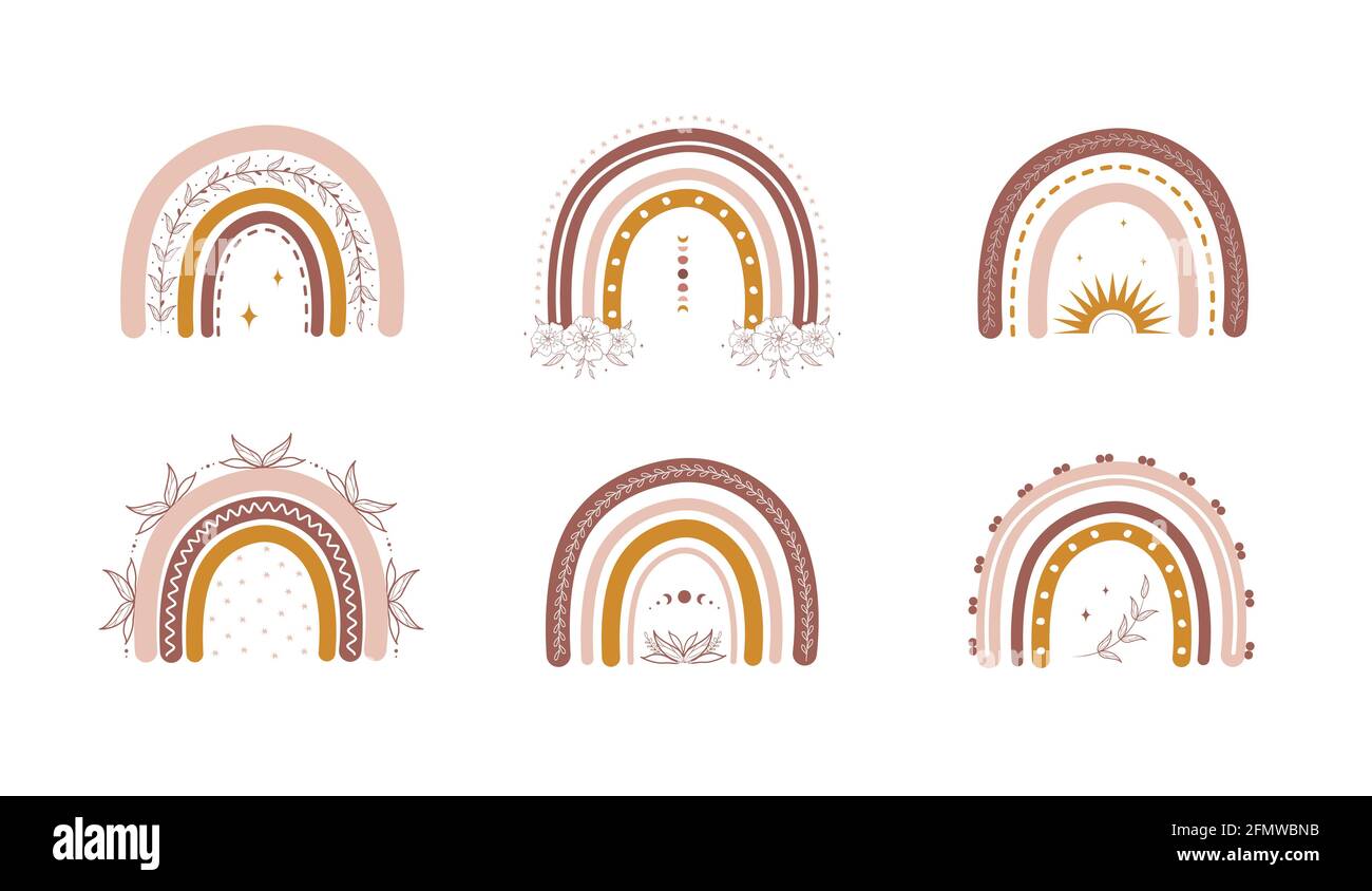 Rainbows in boho style with leaves and flowers. Bohemian illustrations ...
