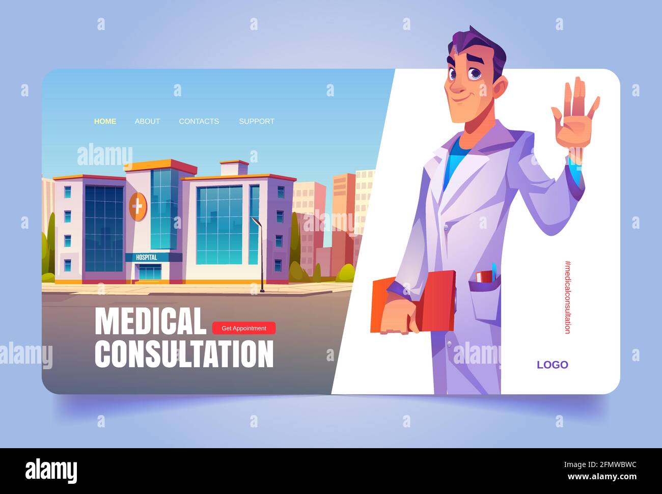 Medical consultation cartoon landing page, male doctor greeting waving ...