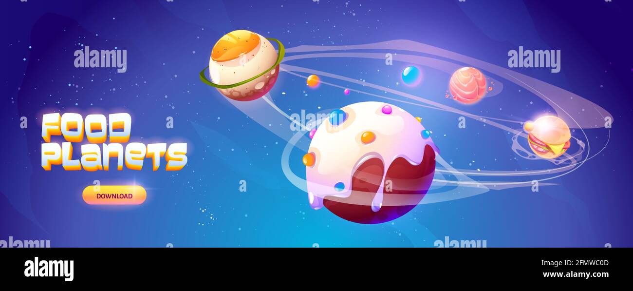 Food planets banner of space arcade game. Fantasy planets with fried ...
