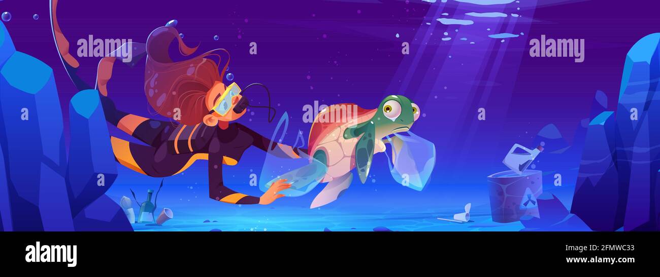 Diver girl help underwater animals living in polluted water with ...