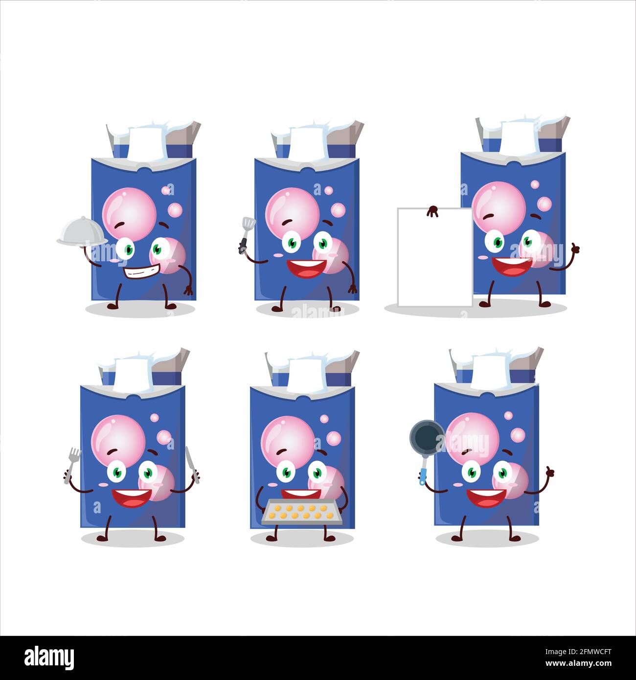 Cartoon character of blue bubble gum with various chef emoticons ...