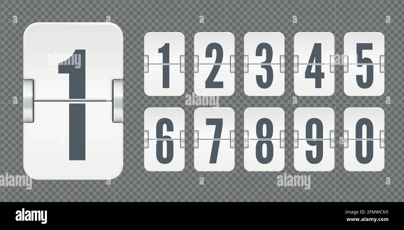 White set of flip numbers on a mechanical scoreboard isolated on dark ...