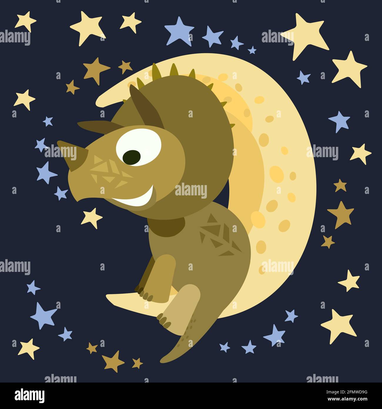 Little dinosaur cub sits on the moon. Starry night sky . Cheerful kind ...