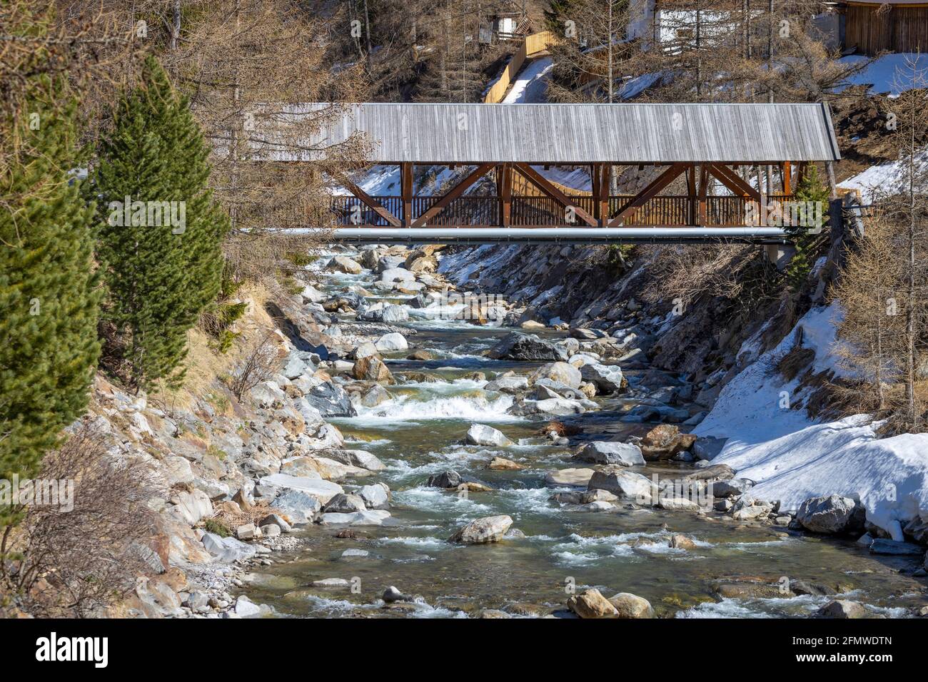 Landscape with a timber bridge in Zwieselstein in Oetztal, Austria ...