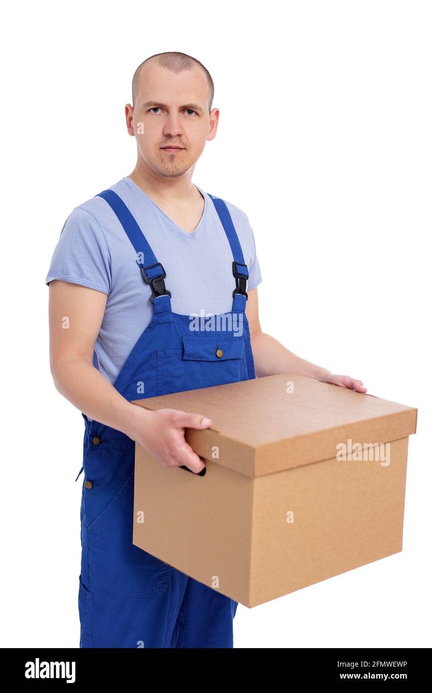portrait of young man loader in uniform with big box isolated on white ...