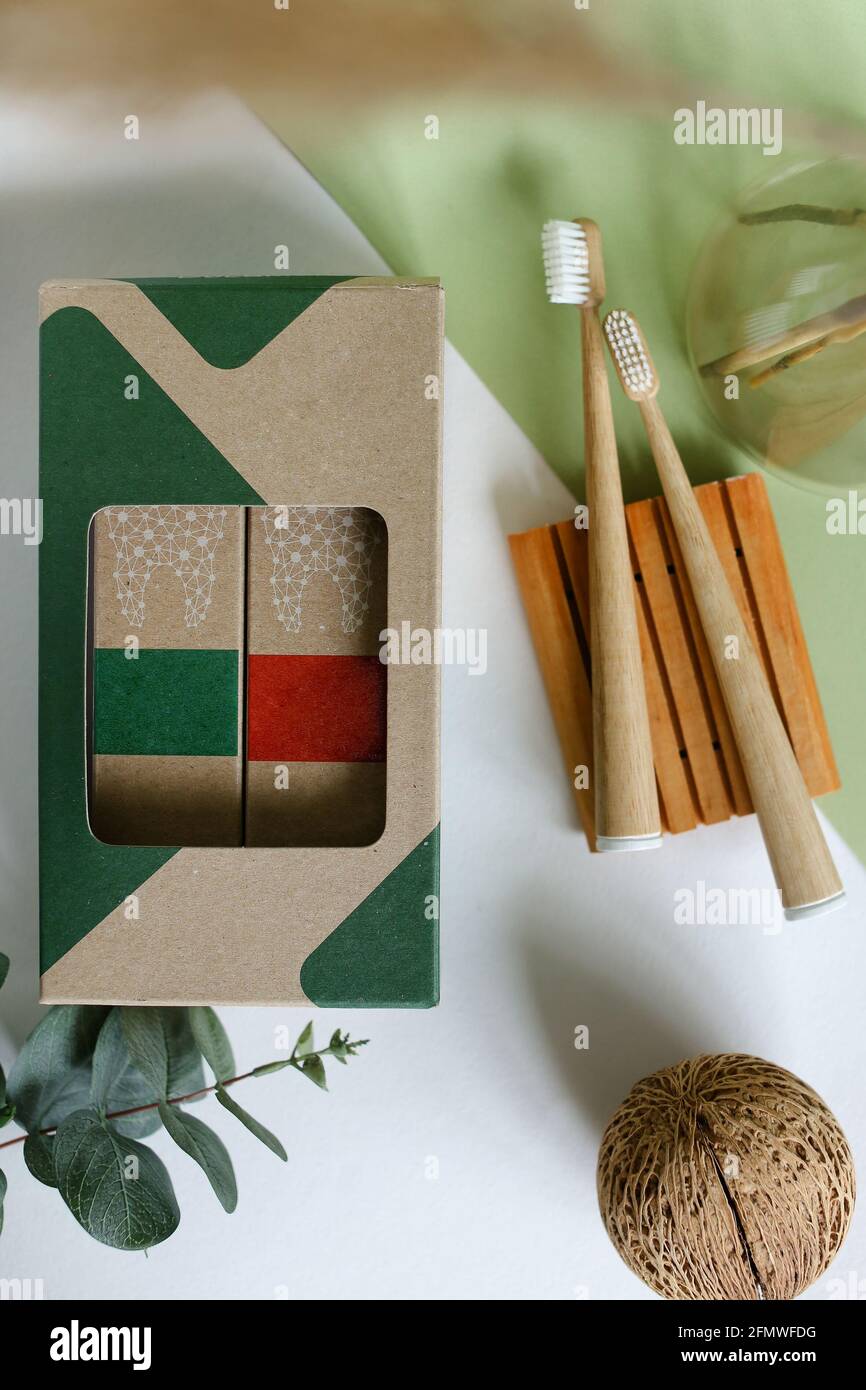 bio-degradable, compostable bamboo toothbrushes in a spa setting. Green ...