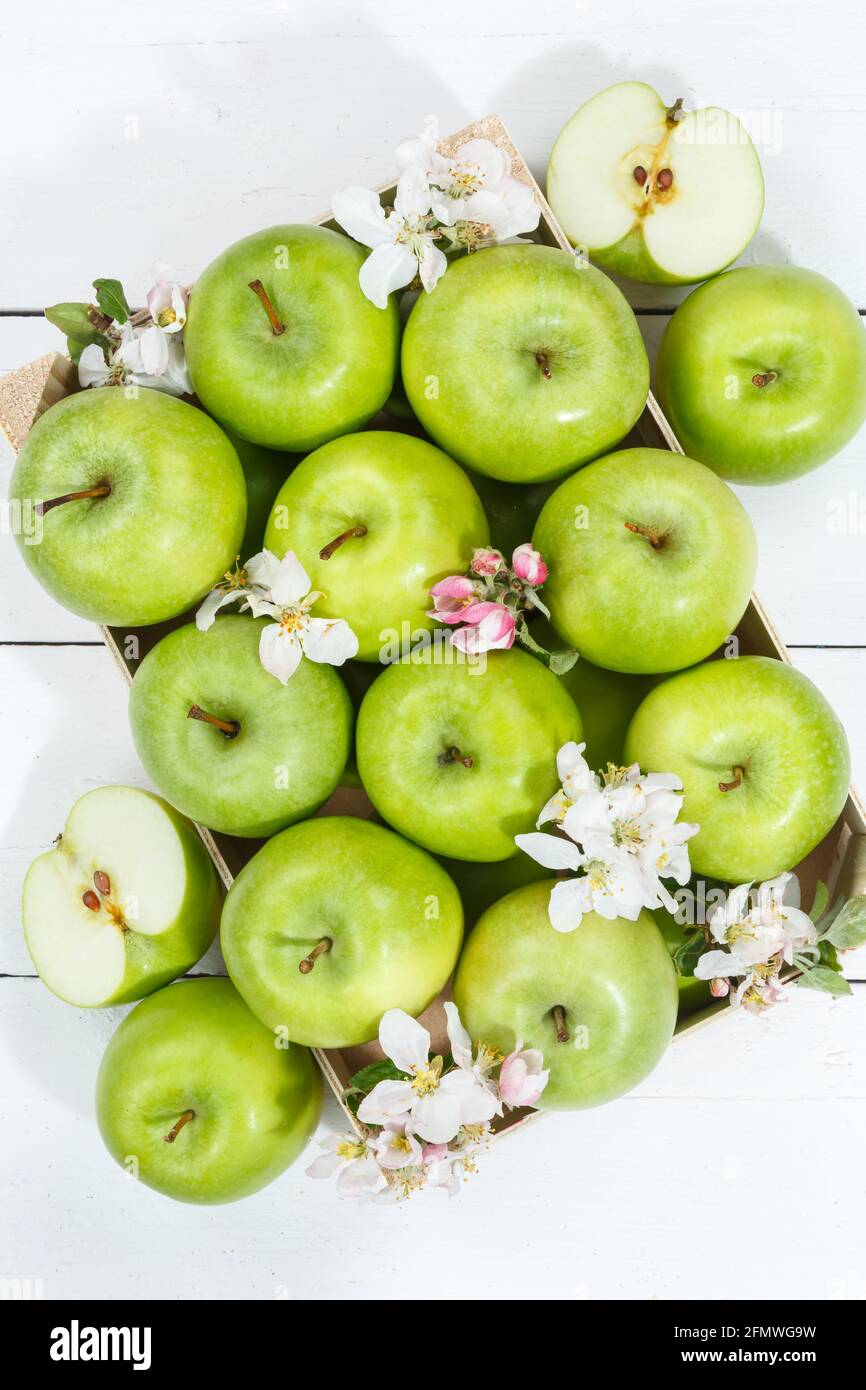 Apples fruits green apple fruit box on wooden board portrait format ...
