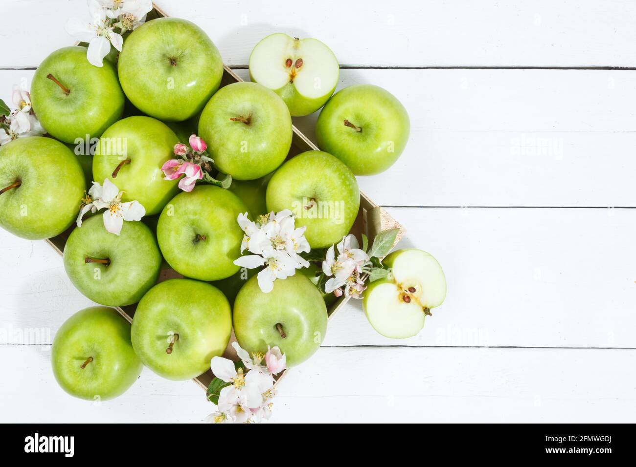 Apples fruits green apple fruit box on wooden board copyspace copy ...