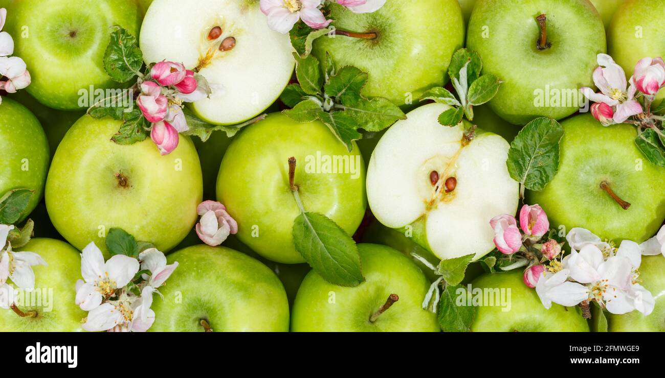 Apples fruits green apple fruit banner background with leaves and ...