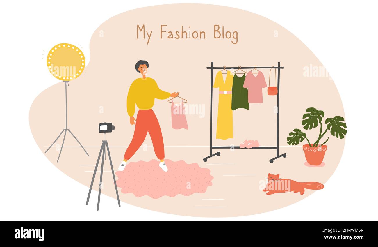 Fashion blogger showing trendy clothes to camera. Stylist influencer ...