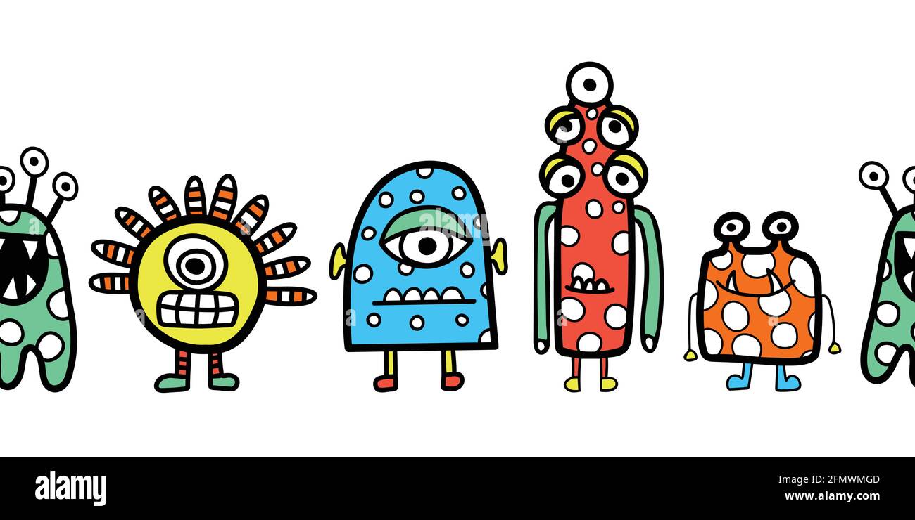 Kids border cute alien monster robot seamless vector. Repeating ...
