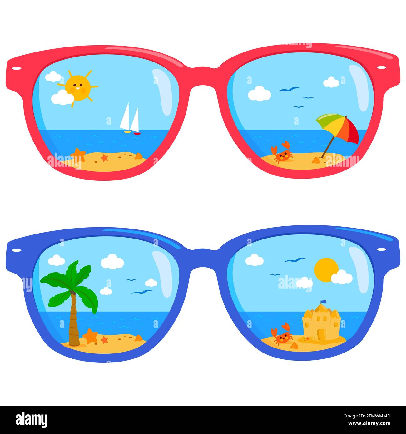 Tropical summer beach scene reflected in colorful sunglasses Stock ...