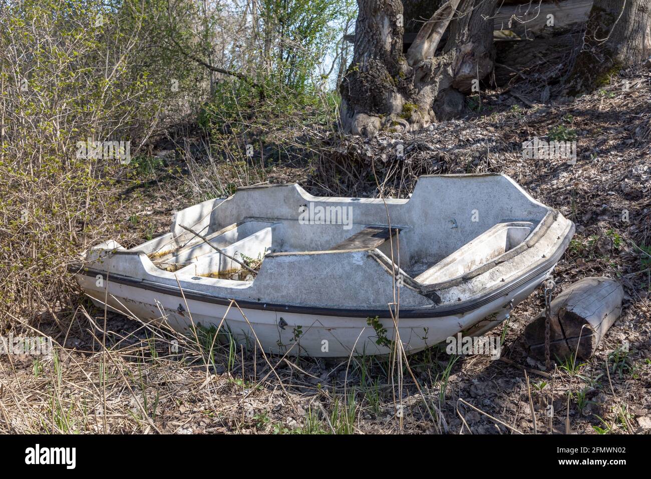 Old rotten paddle boat in the bushes Stock Photo - Alamy