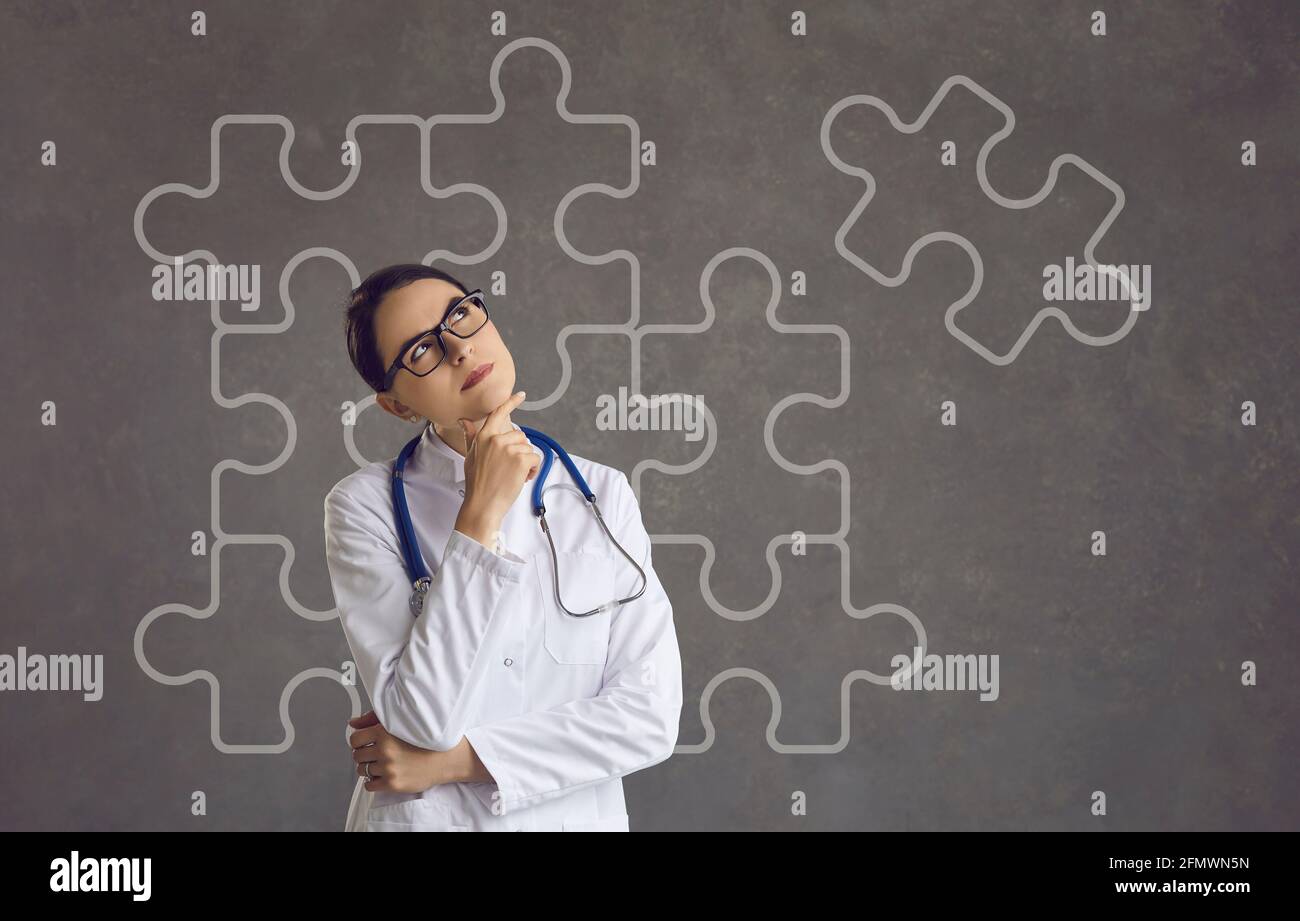 Confused doctor thinking of solution to problem on background with ...