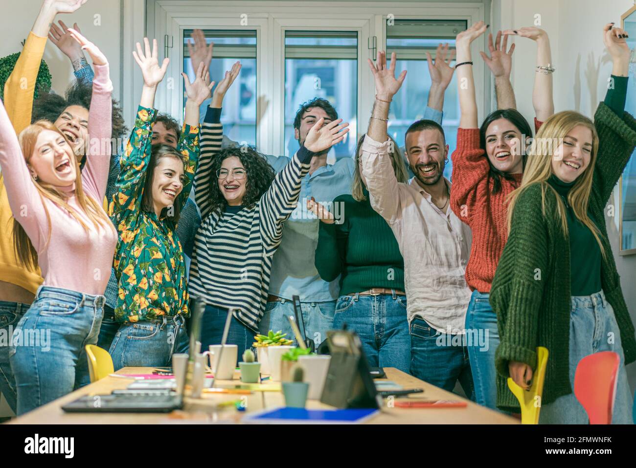 Happiness, smart working and people concept. International group of ...