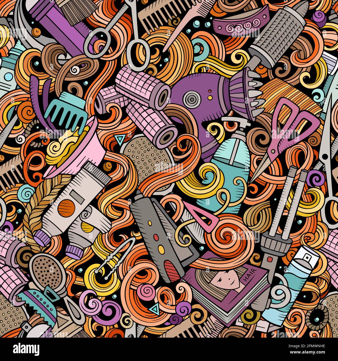 Hair Salon hand drawn doodles seamless pattern. Hairstyle background ...