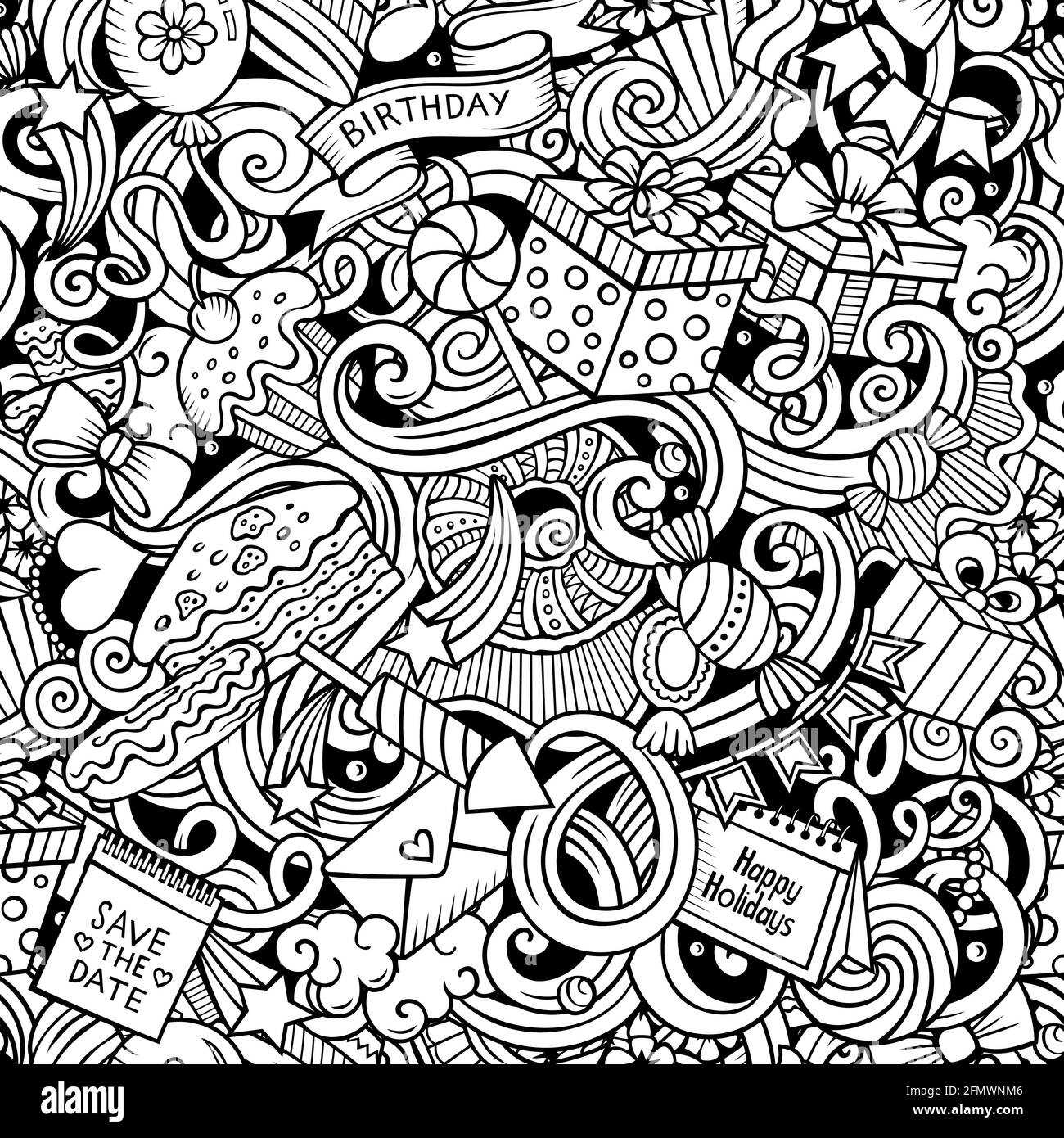 Festive cartoon seamless birthday Black and White Stock Photos & Images ...