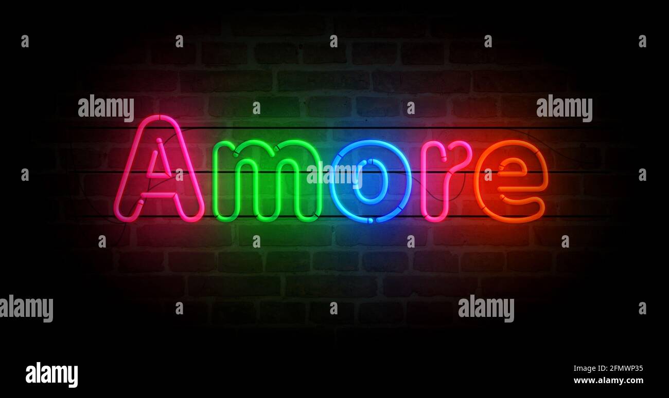 Amore love symbol neon symbol. Light color bulbs with romantic sign ...