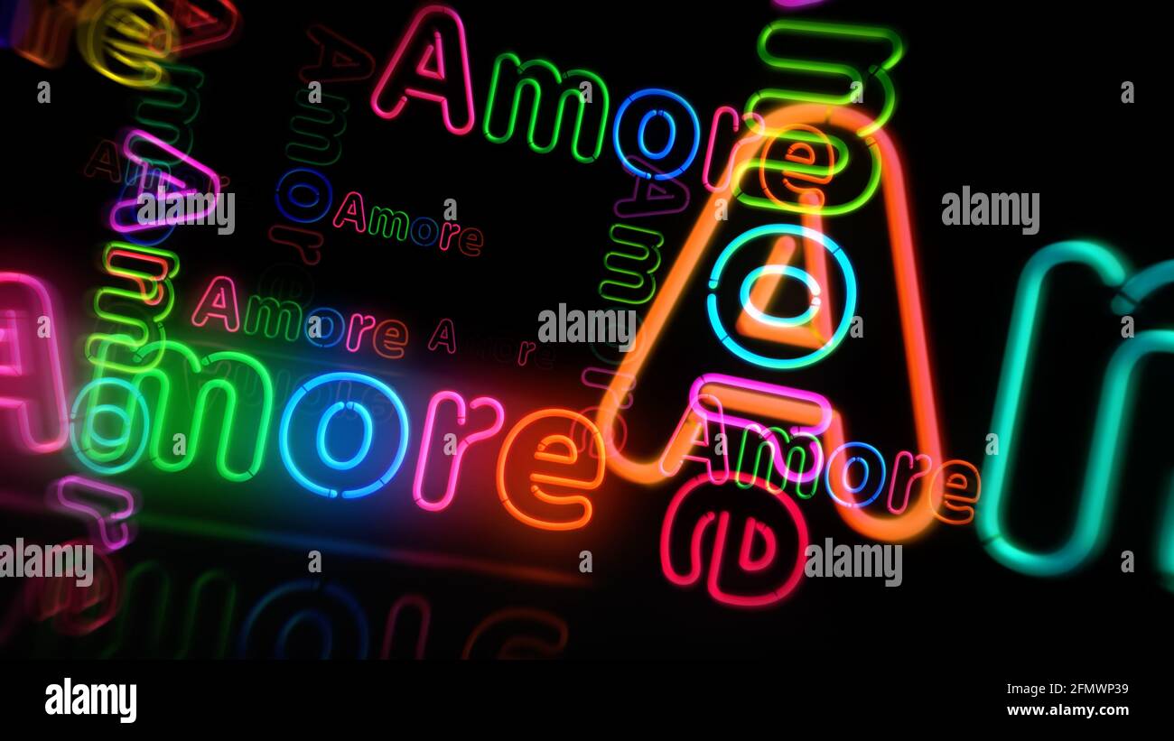 Amore love symbol neon symbol. Light color bulbs with romantic sign ...