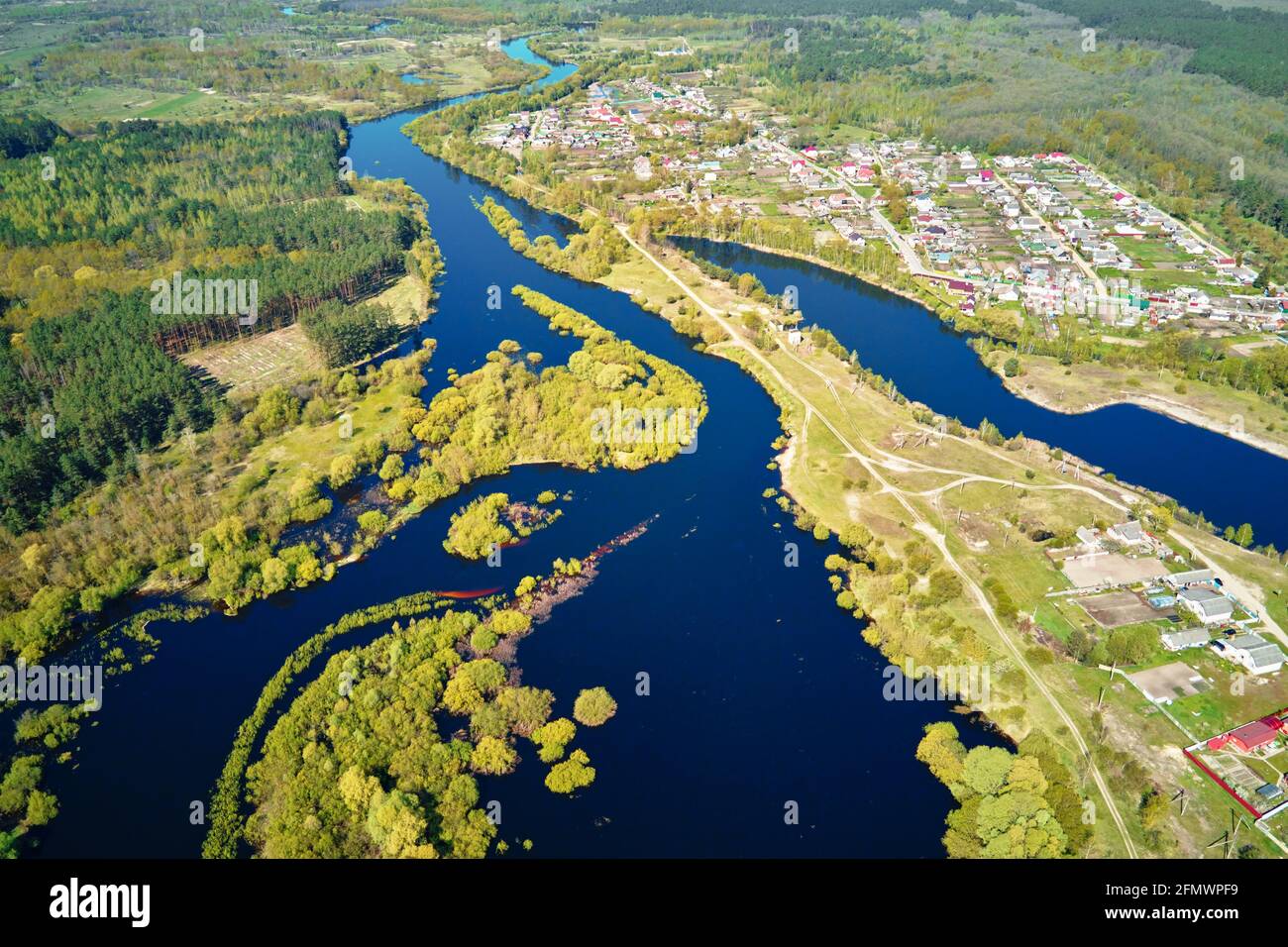 Aerial view of river floodplan and green forest in summer day. Bird eye ...