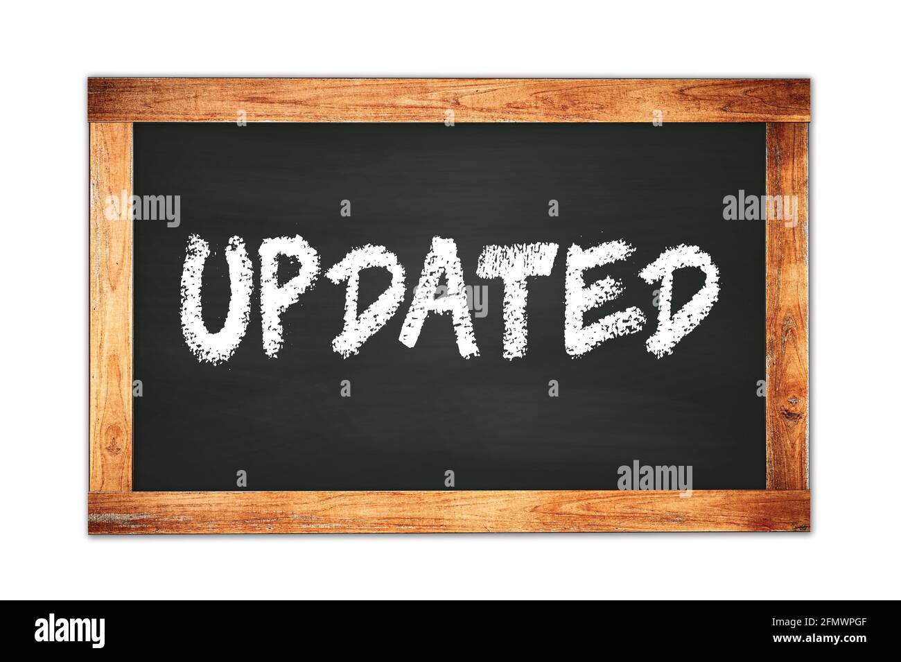 UPDATED text written on black wooden frame school blackboard Stock ...