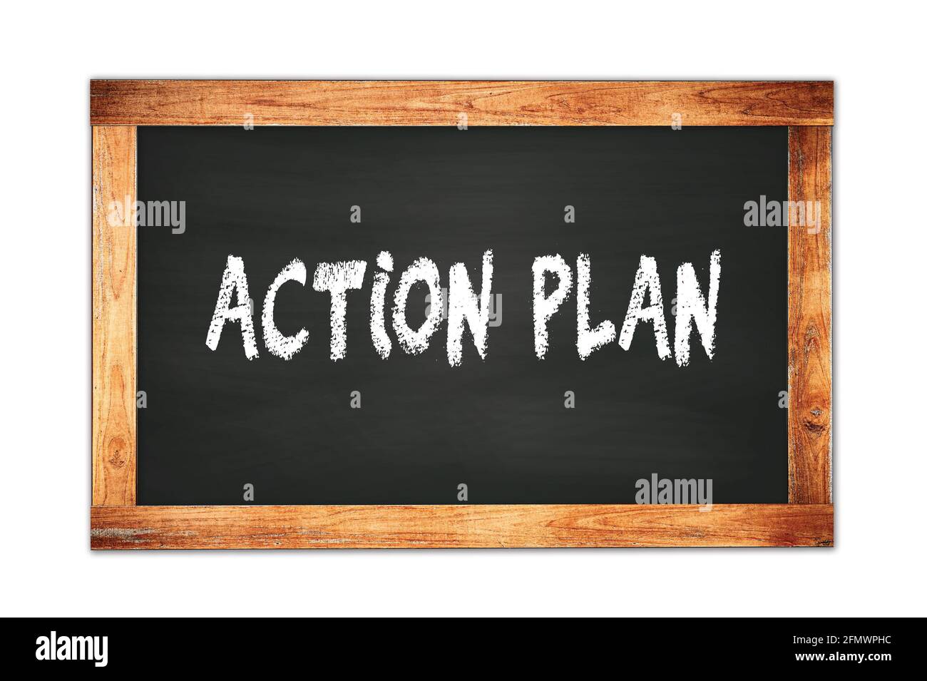 ACTION PLAN text written on black wooden frame school blackboard Stock ...