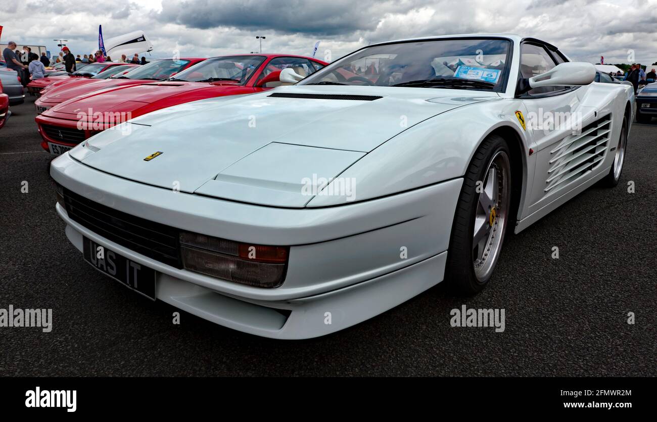 Three-quarters front view of a white, 1990, Ferrari Testarossa on ...
