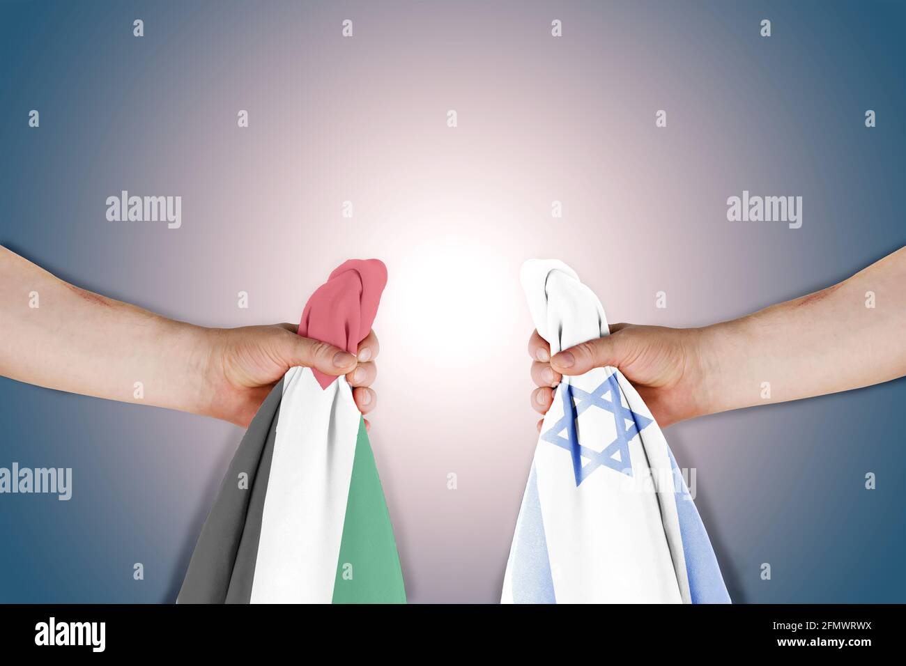 Flags of Israel and Palestine in hand on a red and blue background ...