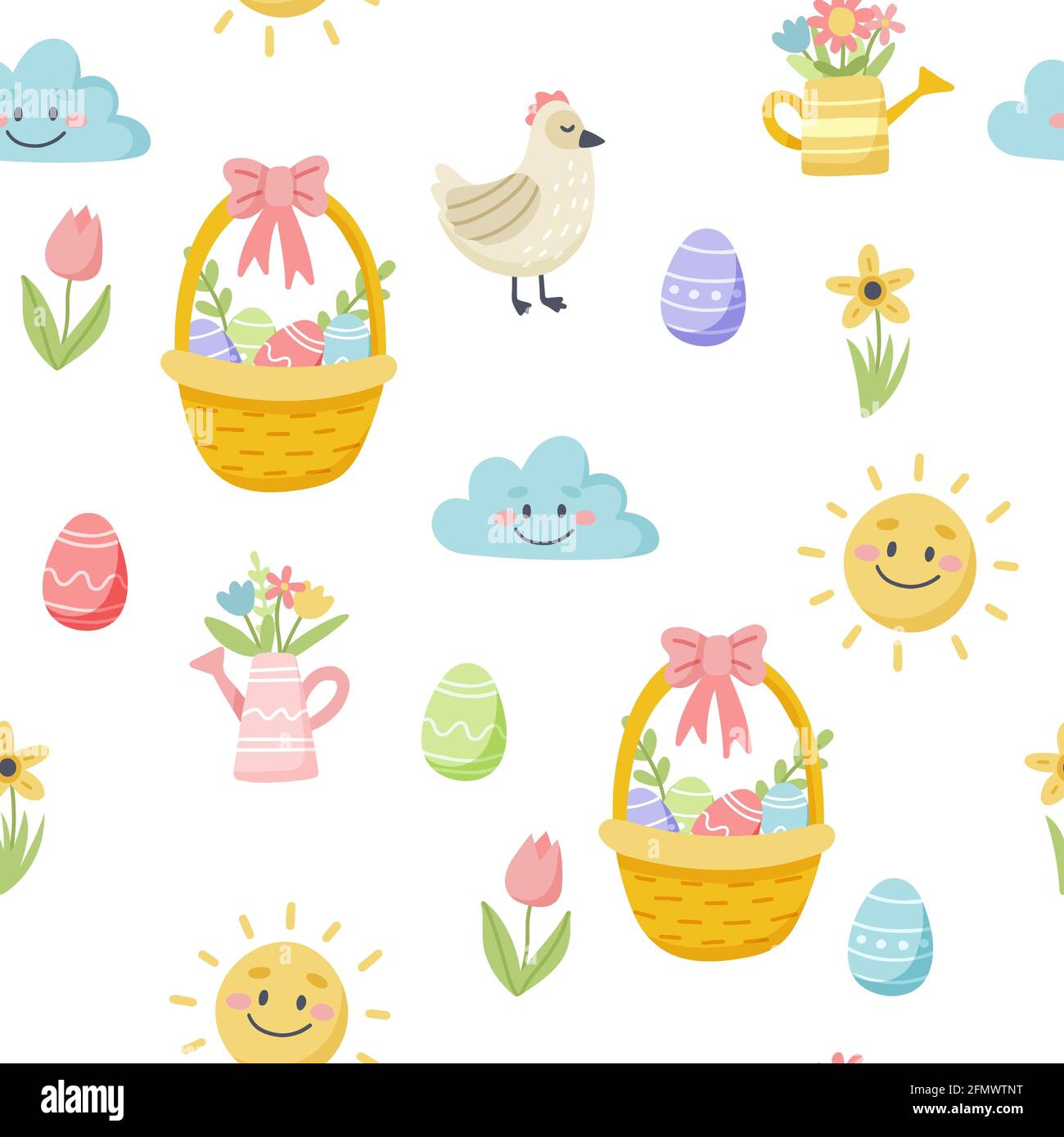 Easter spring pattern with cute eggs and flowers. Hand drawn flat ...