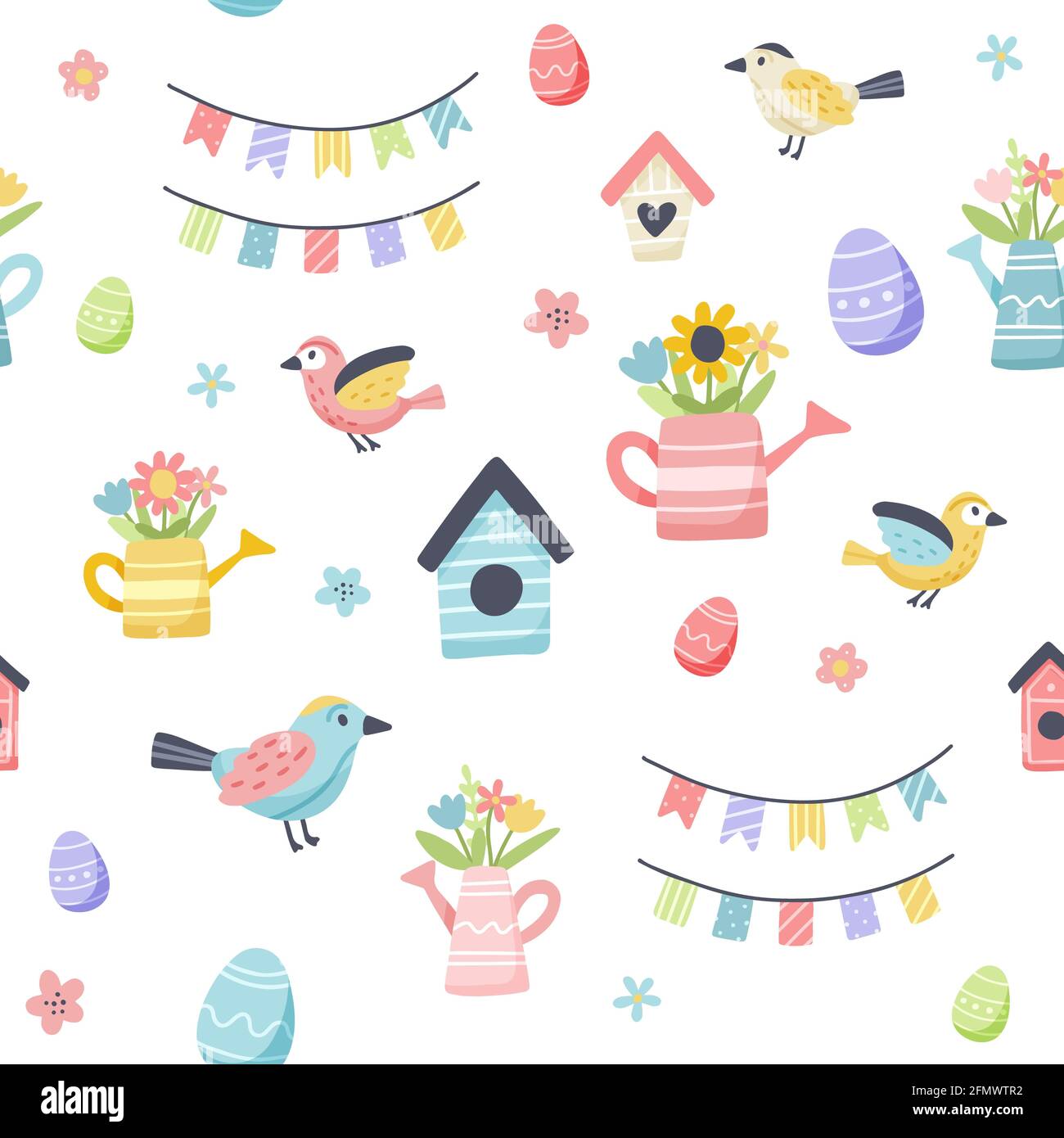 Easter spring pattern with cute eggs, birds and flowers. Hand drawn ...