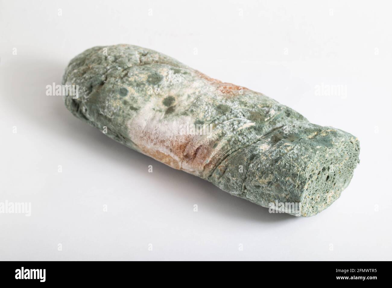 Green moldy bread on a white background, isolate. Loaf with mold, macro ...