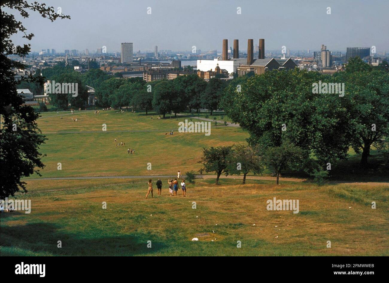 Greenwich Park with cityscape in the background during the 1980s Stock ...
