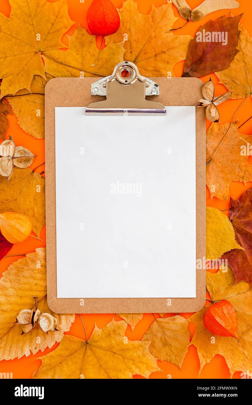 Autumn flat lay composition with clipboard mockup and dry leaves on ...