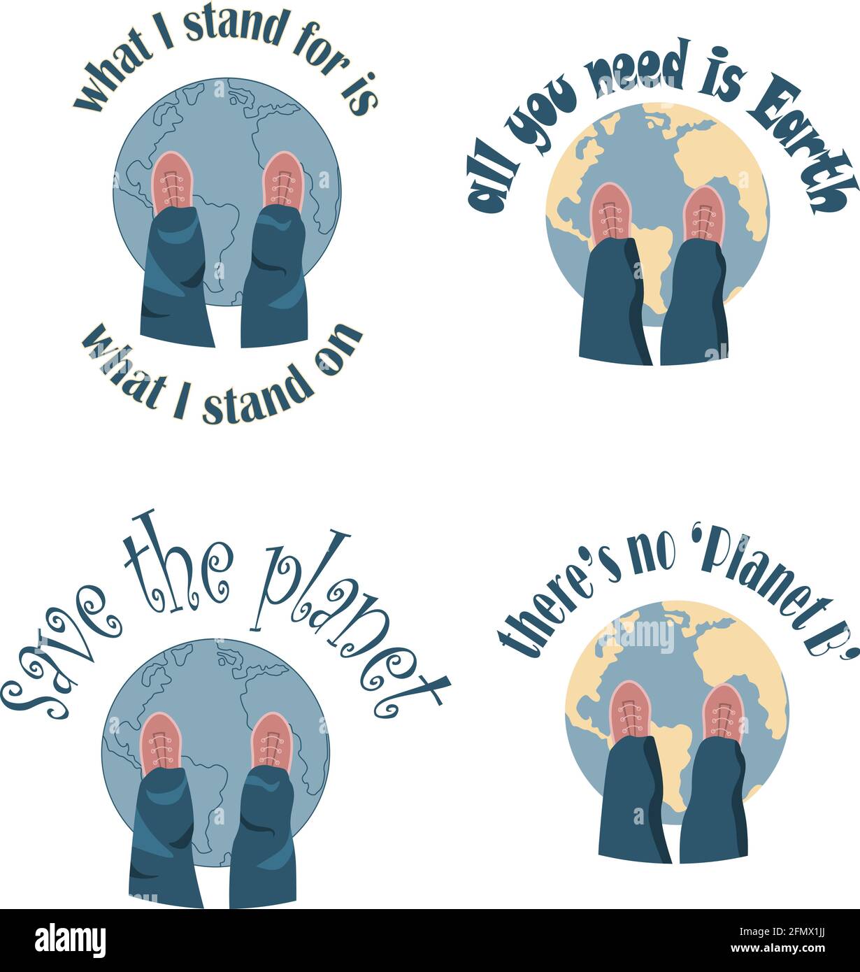 Set of ecological badges with planet Earth, human feet and lettering ...
