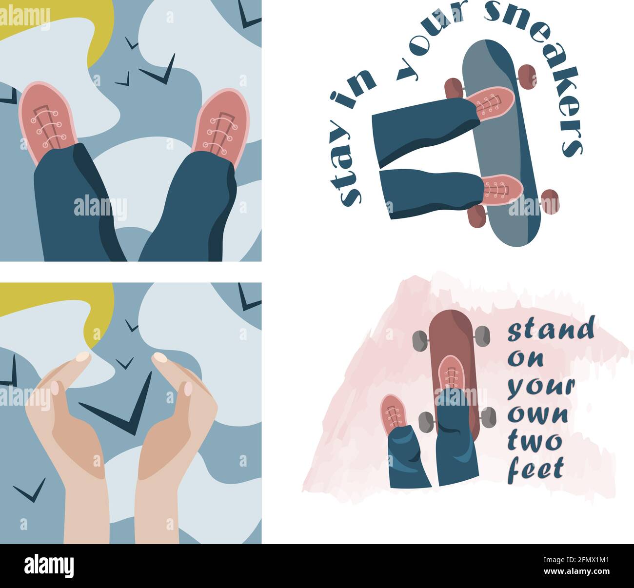 Set of summer activity badges with sky, skateboard, human feet, hands ...