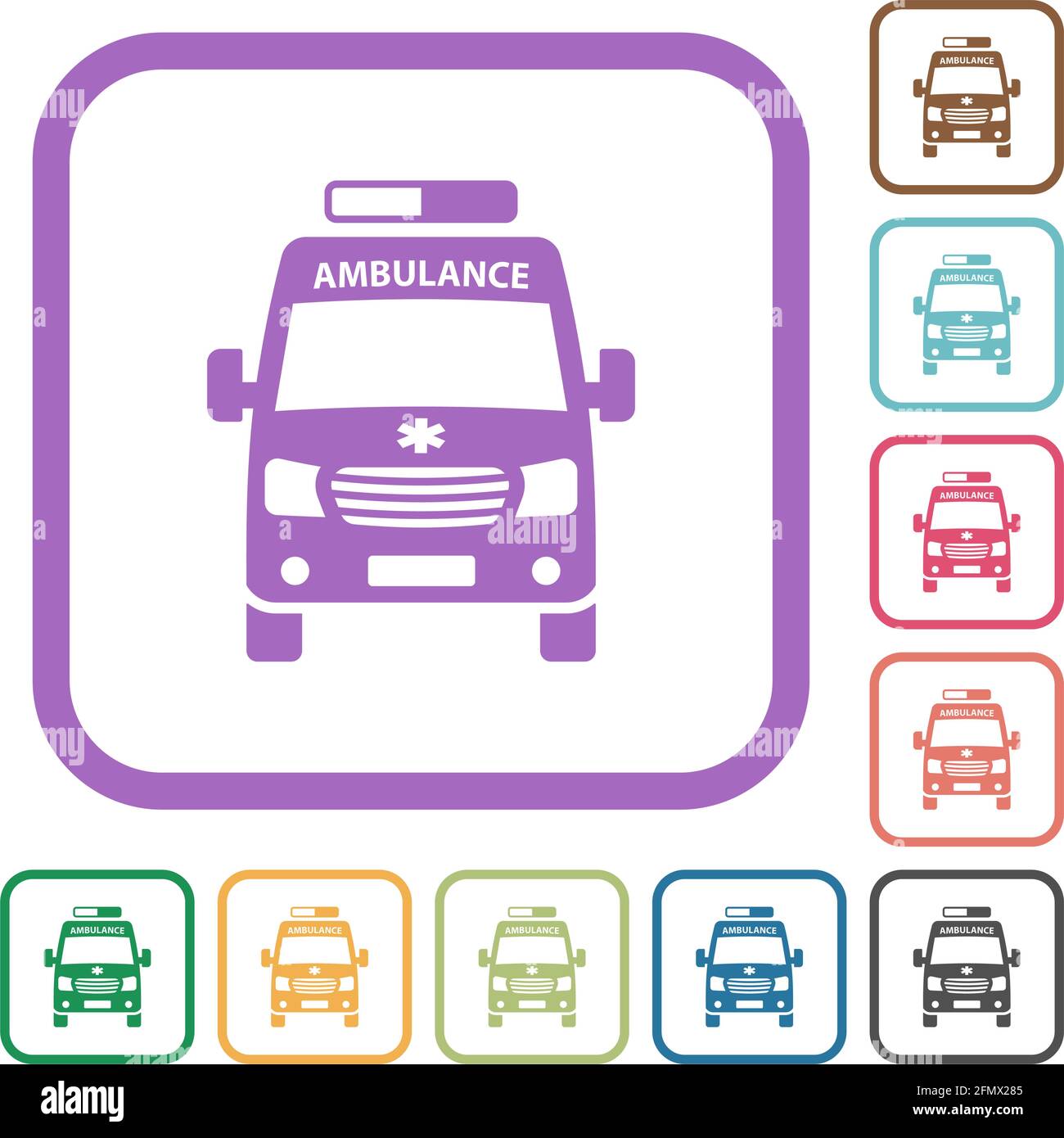 Ambulance car front view simple icons in color rounded square frames on ...