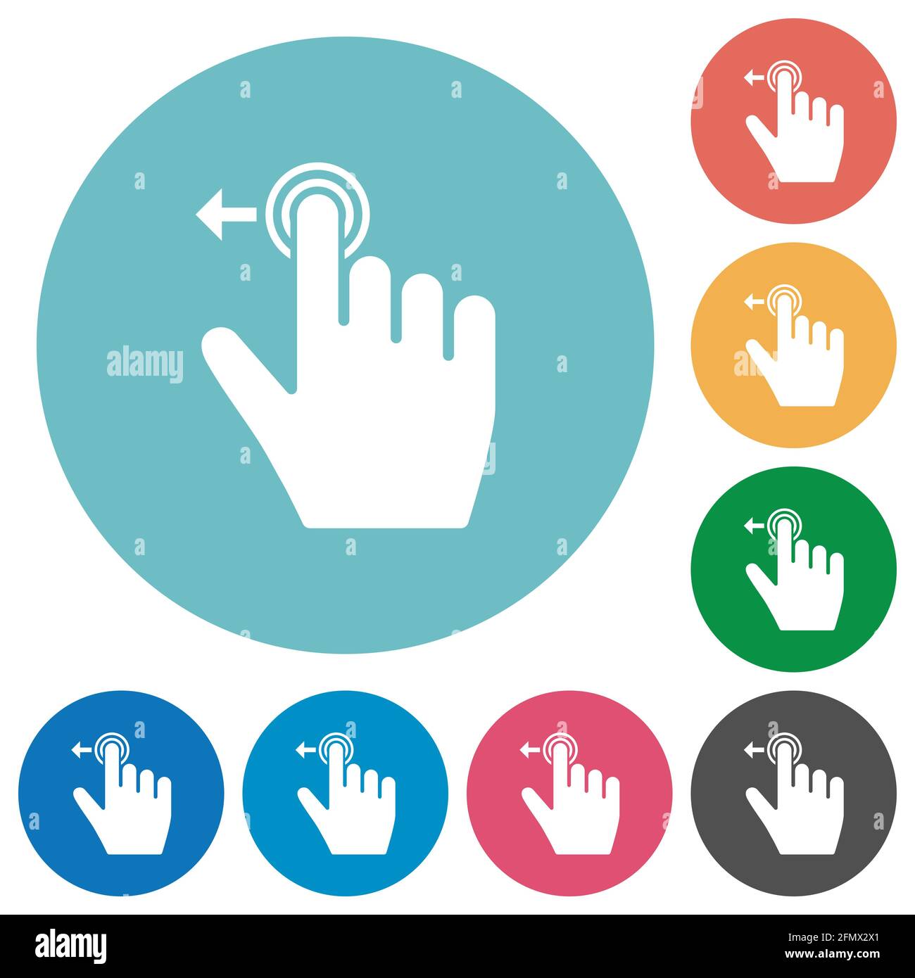 Right handed slide left gesture flat white icons on round color ...